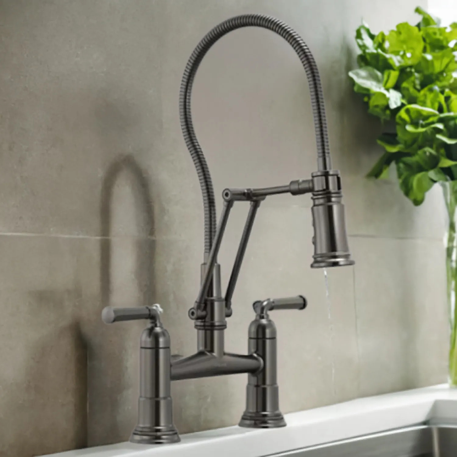 Brizo Rook Two-Function Articulating Bridge Kitchen Faucet with ...