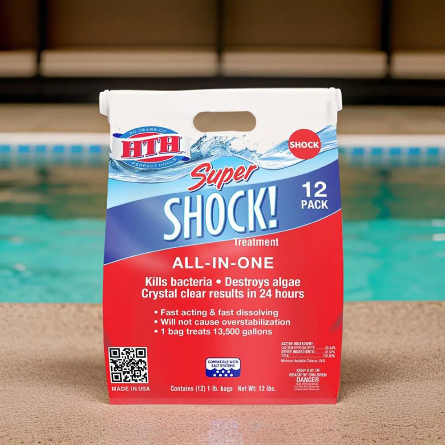 HTH Super 12 lb All-in-One Pool Shock Treatment, Salt System Compatible ...