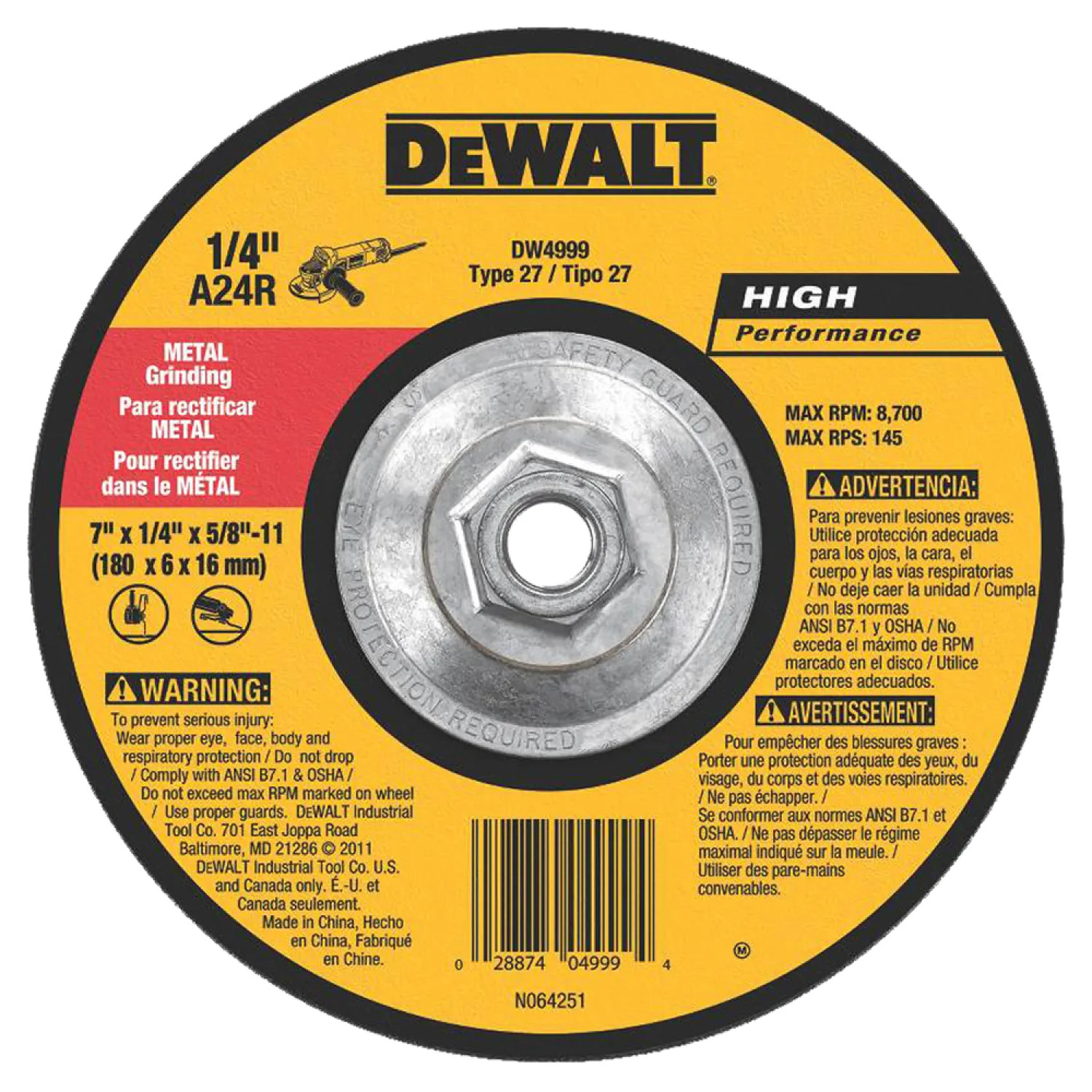 Dewalt DW4999 Type 27 High Performance Grinding Wheel, 7in Dia x 1/4in ...