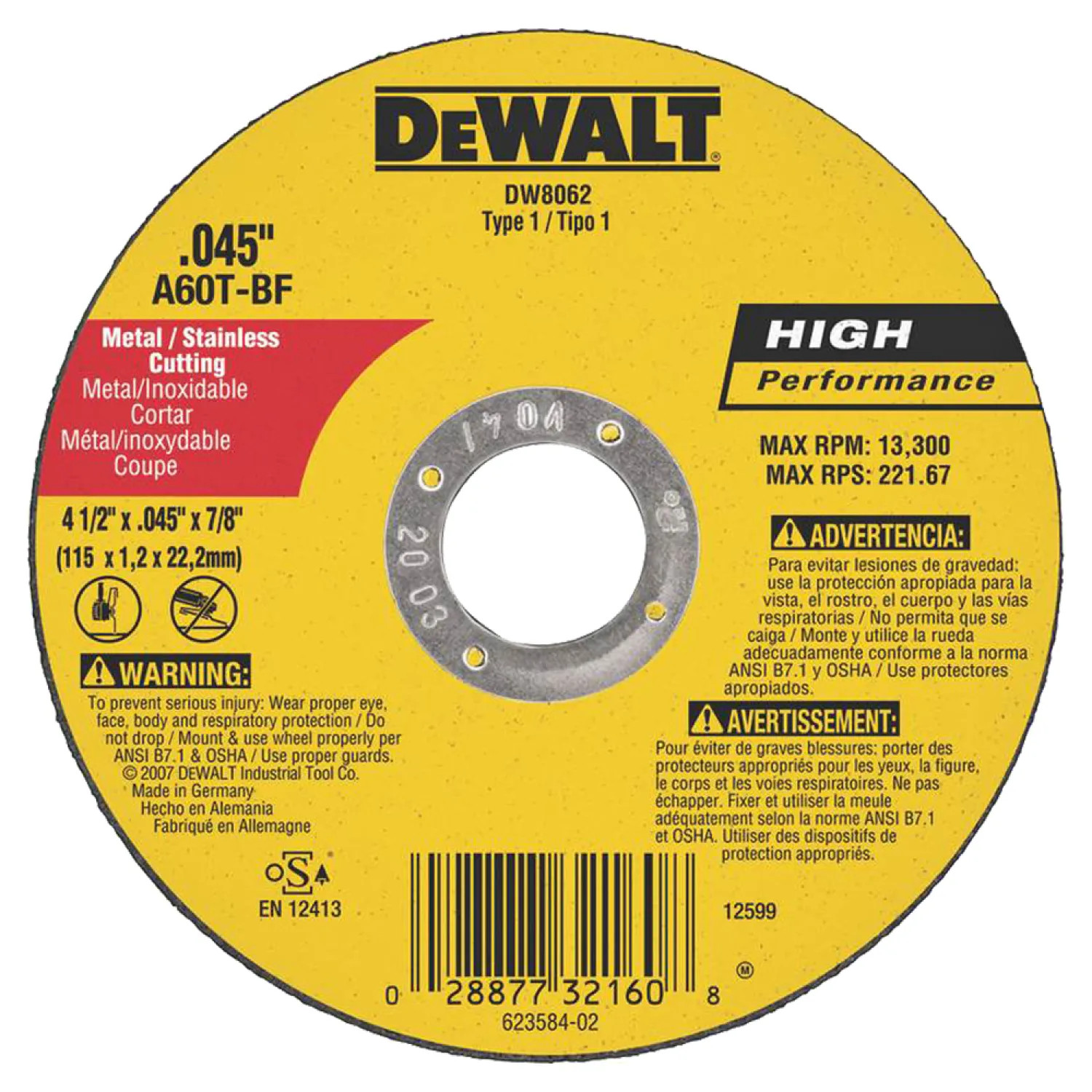 Dewalt DW8062 Type 1 High Performance Cut-Off Wheel, 4-1/2" Dia