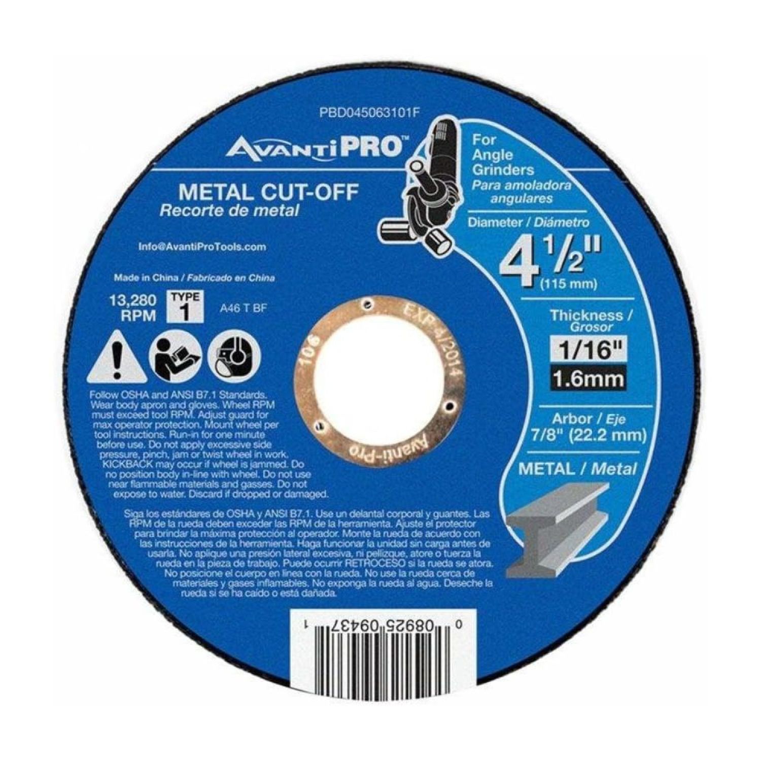 Avanti Pro 4-1/2" Type 1 Thin Kerf Metal Cut-Off Disc with 7/8" Arbor ...