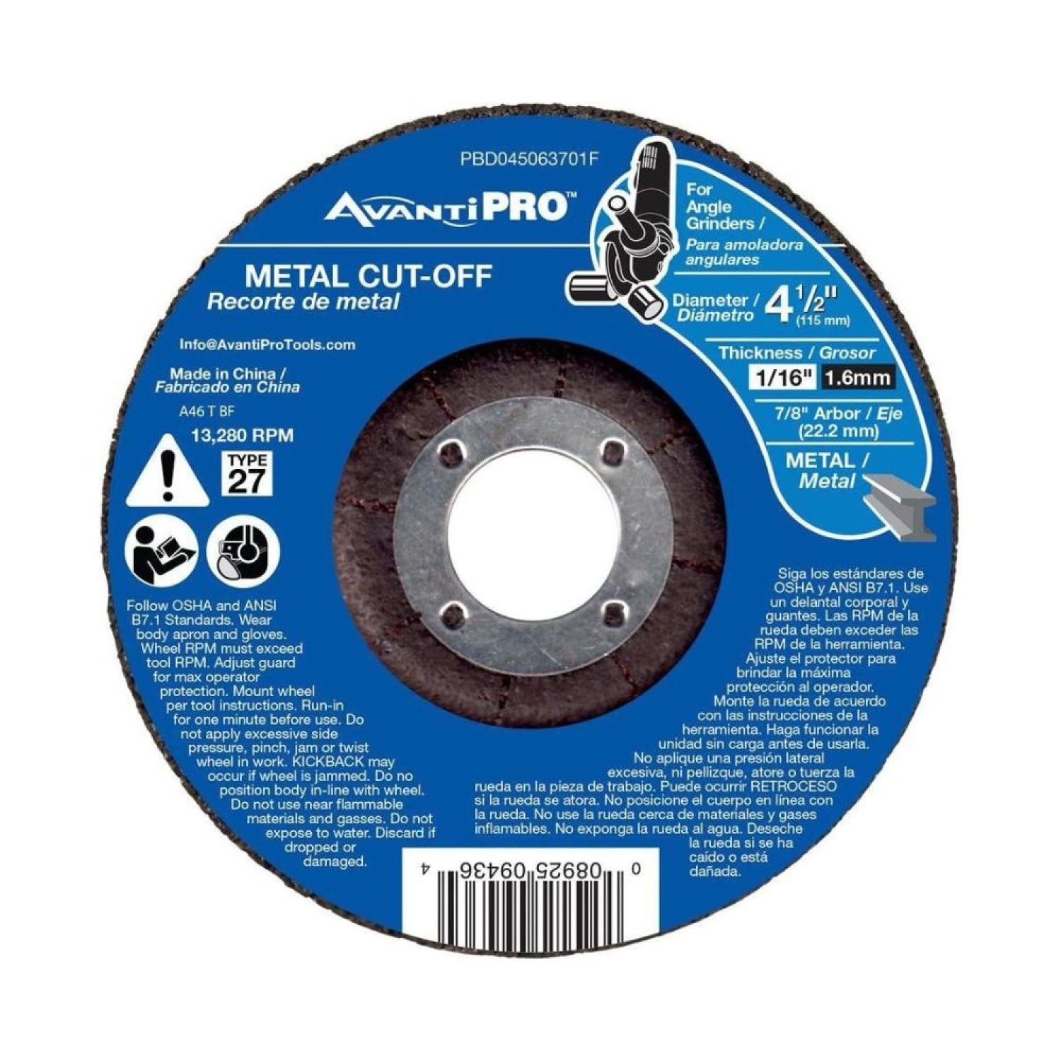 Avanti Pro 4-1/2" Metal Cut-Off Disc with 7/8" Arbor, Type 27 ...
