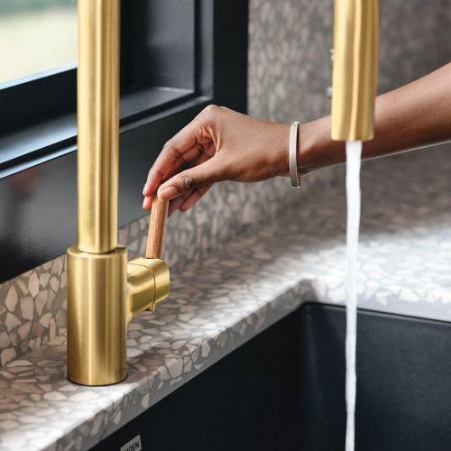 Moen Tenon Brushed Gold Single Handle Pull-Down Kitchen Faucet with ...